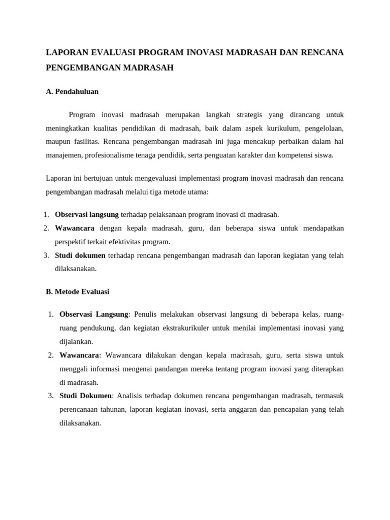 Laporan Evaluasi Program Inovasi Madrasah Dan Rencana Pengembangan Madrasah | PDF