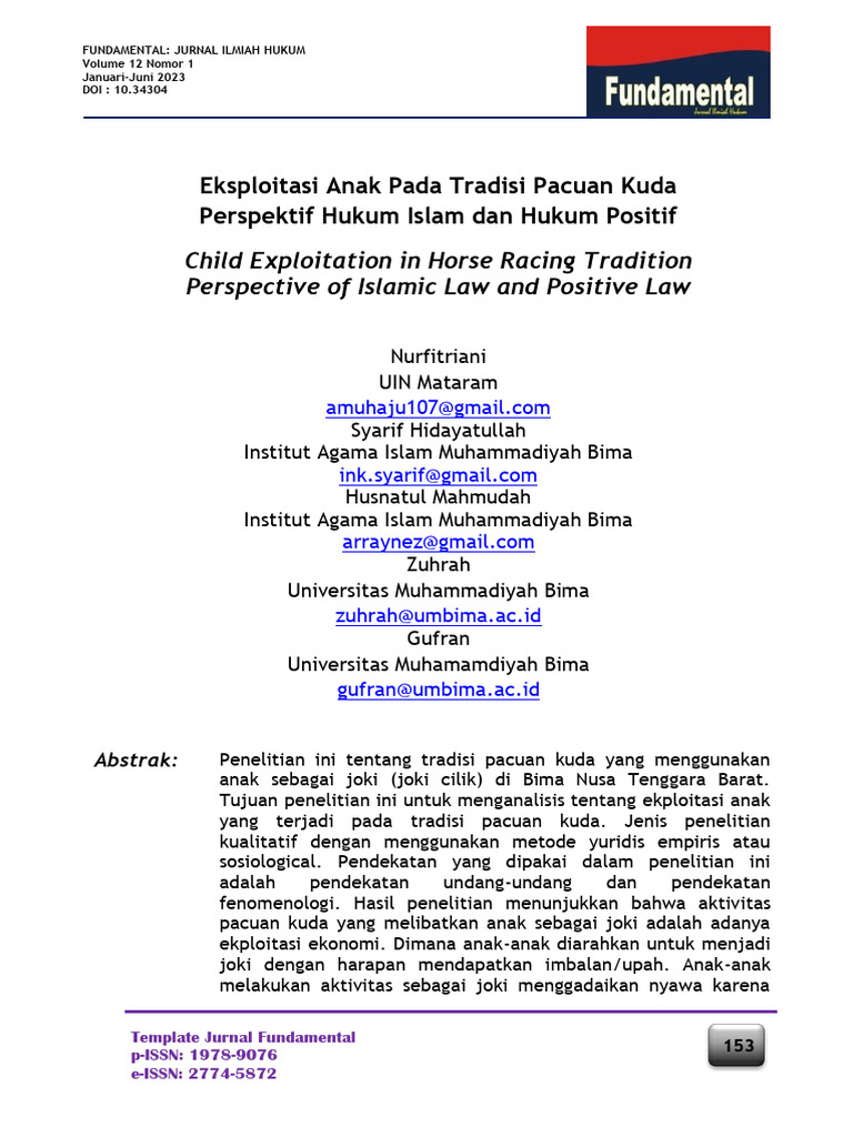 Eksploitasi Anak Pada Tradisi Pacuan Kuda Perspektif Hukum Islam Dan Hukum Positif | PDF