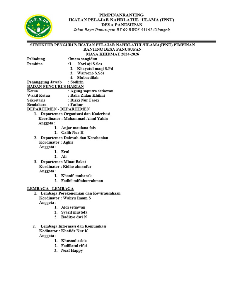 Struktur Pengurus Ipnu Ippnu Panusupan1 | PDF