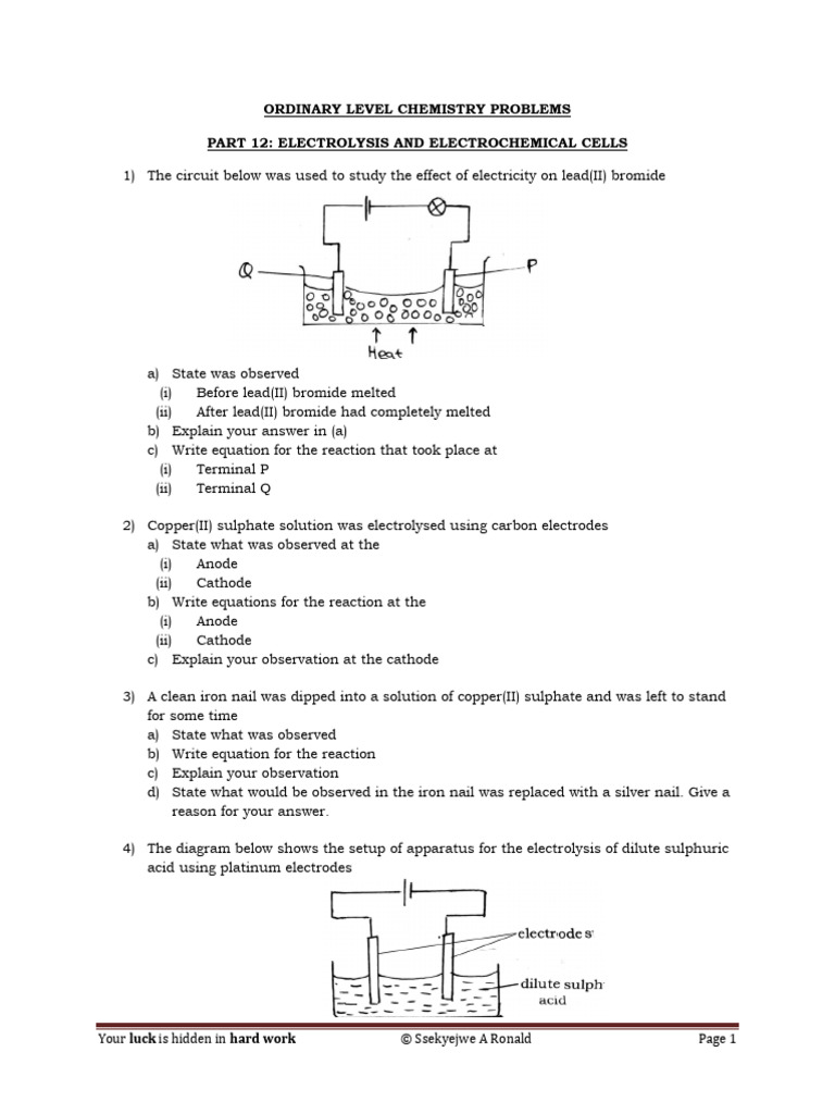 Electrolysis Practice Problems and Diagrams | PDF | Anode | Electrode