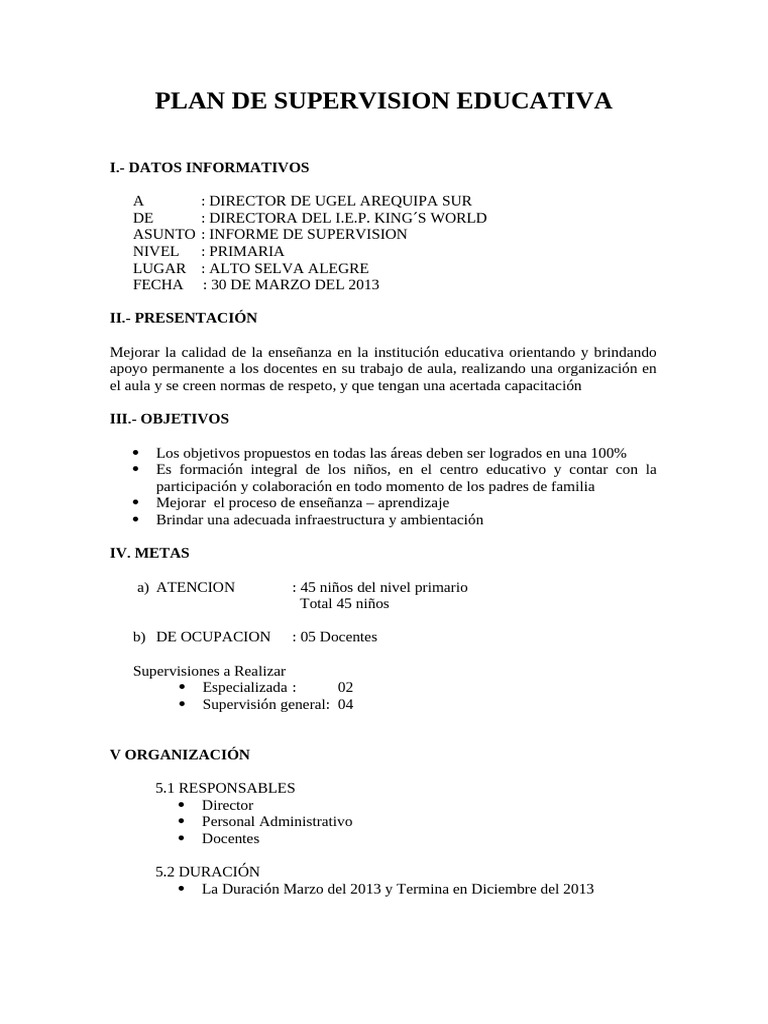 Plan de Supervision Educativa | PDF | Enseñando | Salón de clases