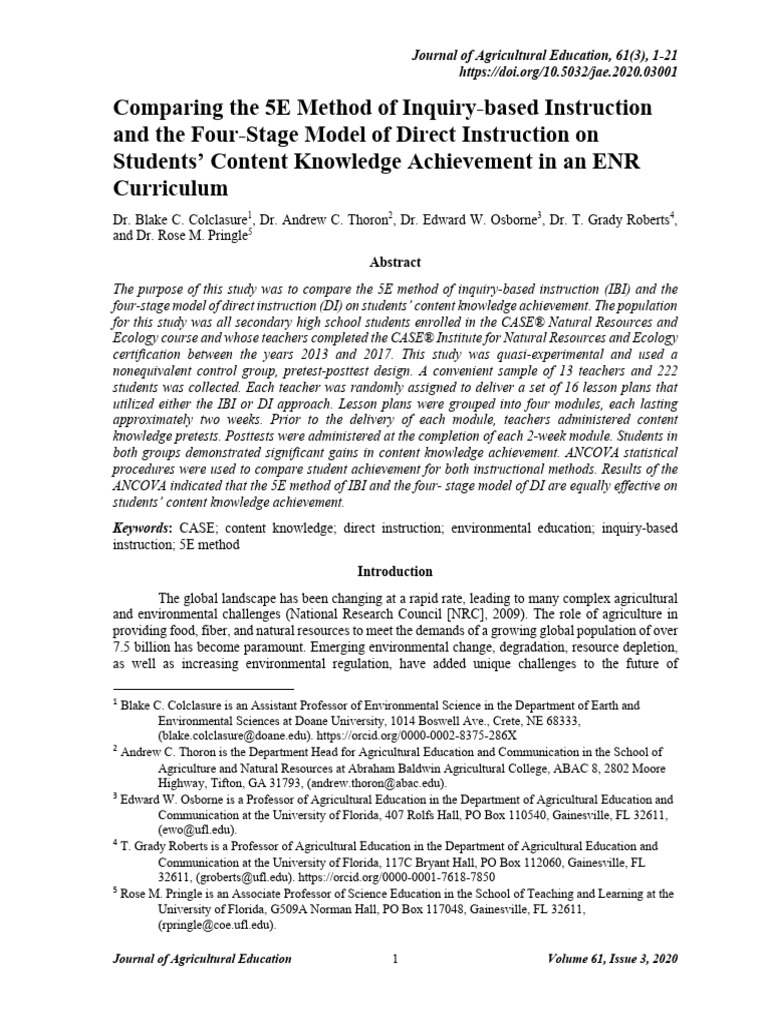 Comparing The 5E Method of Inquiry Based Instruction and The Four Stage ...