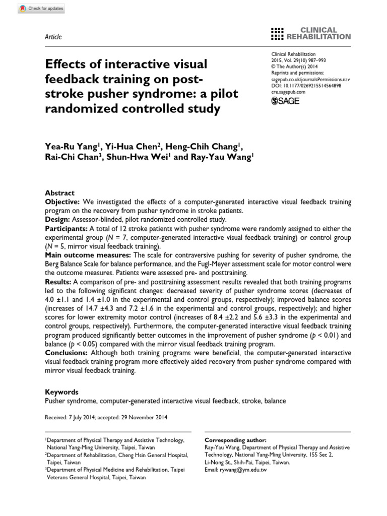 Effects of Interactive Visual Feedback Training On Post-Stroke Pusher ...