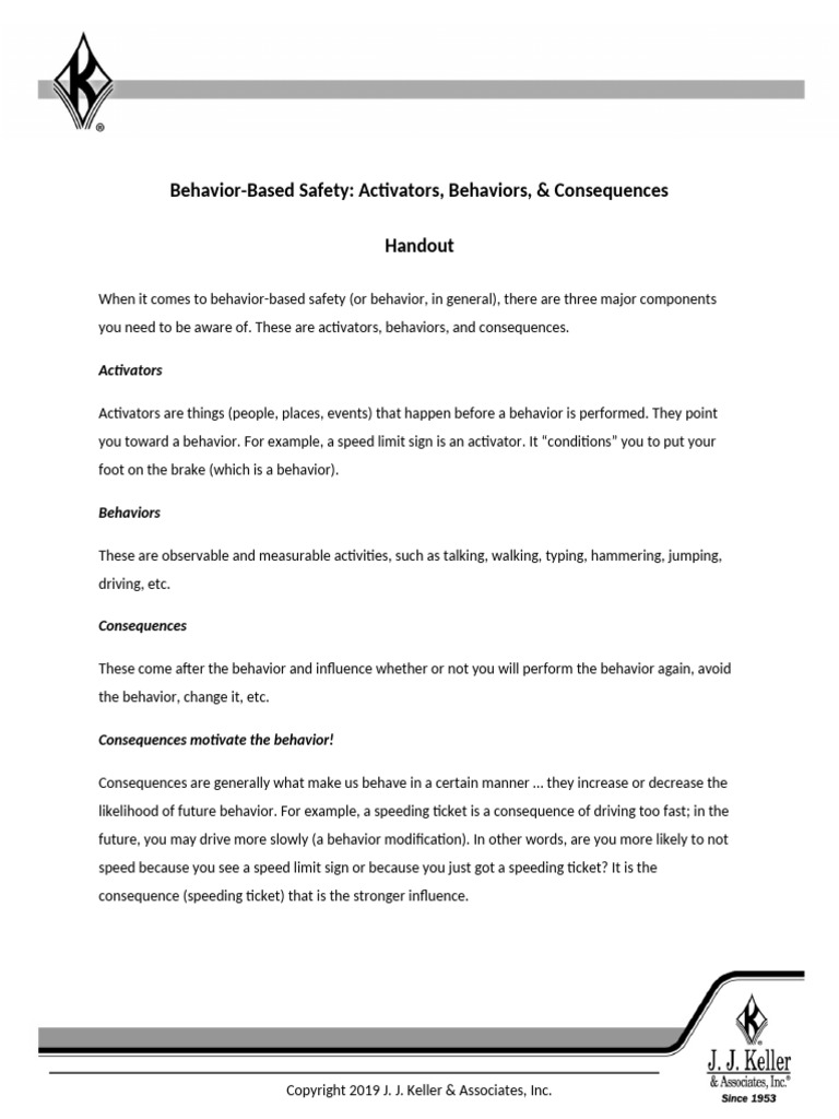 Behavior Based Safety Activators Behaviors Consequences HANDOUT | PDF