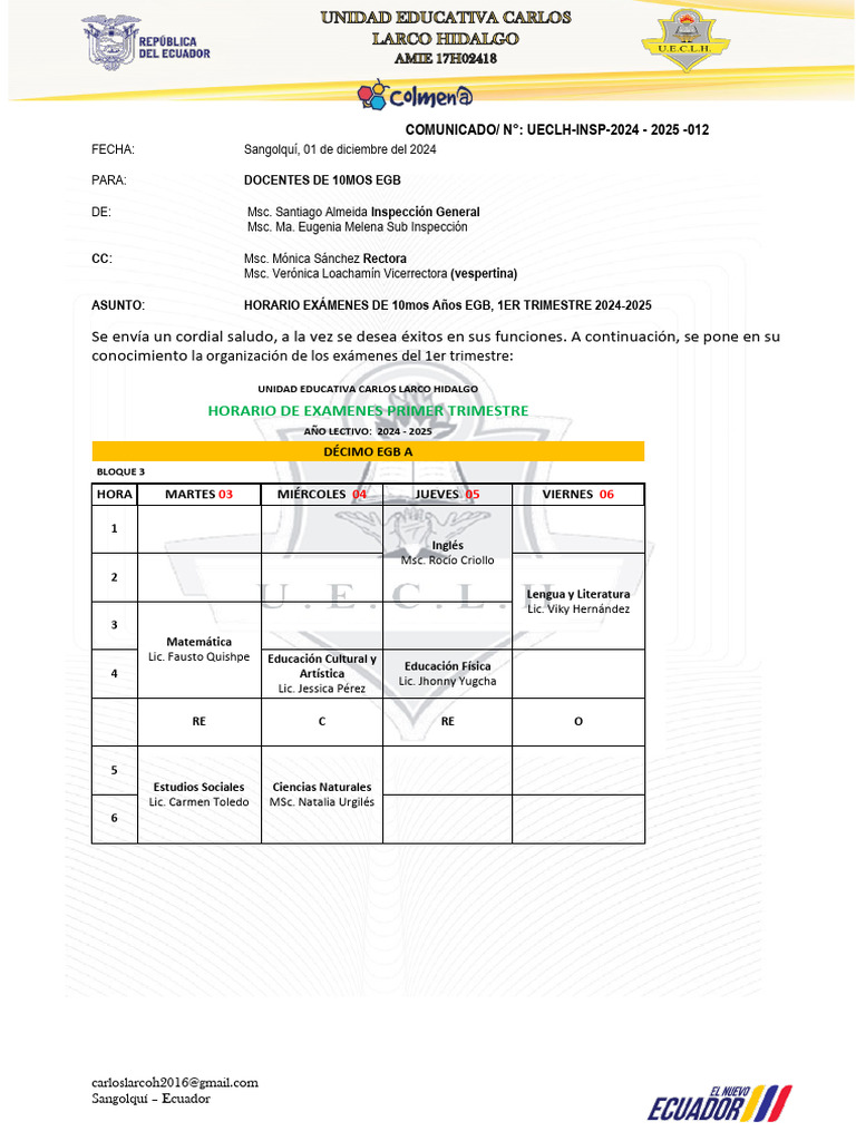 COMUNICADO 012 Horario de Exámenes 10mos 1er Trimestre 2024-2025 | PDF