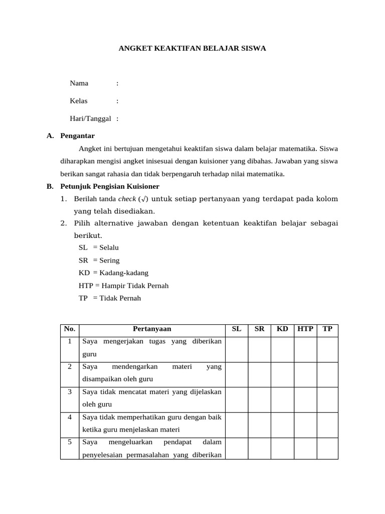 Angket Keaktifan Belajar Siswa | PDF