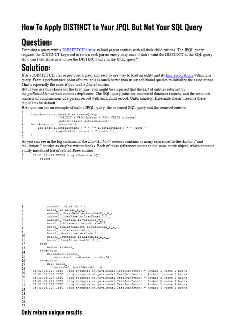 How To Apply Distinct To Your Jpql But Not Your Sql Query Pdf Java Enterprise Platform