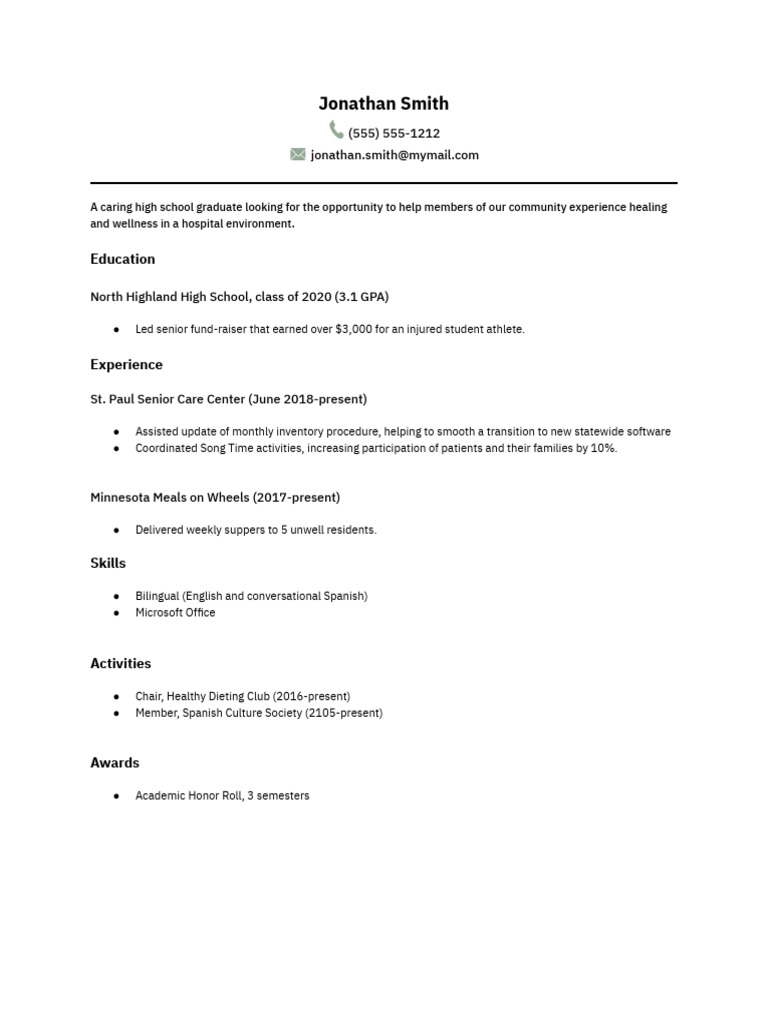 High School Graduate Resume Example | PDF