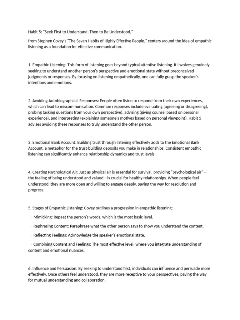 Habit 5 Summary | PDF | Empathy | Behavioural Sciences