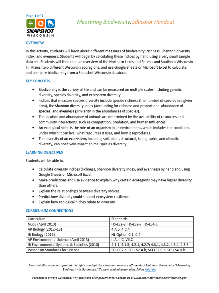 Measuring Ecosystem Biodiversity in AP Bio | PDF | Biodiversity ...