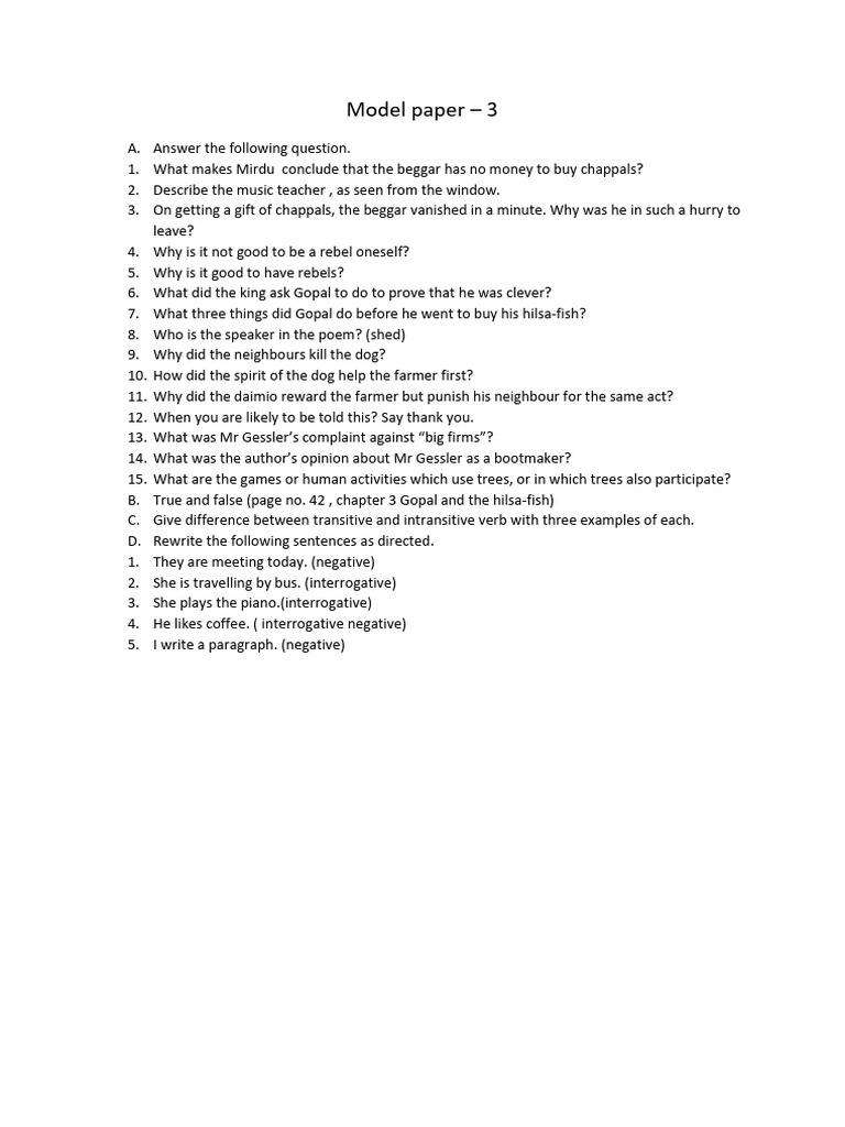 Model Paper 3 Class 7th | PDF