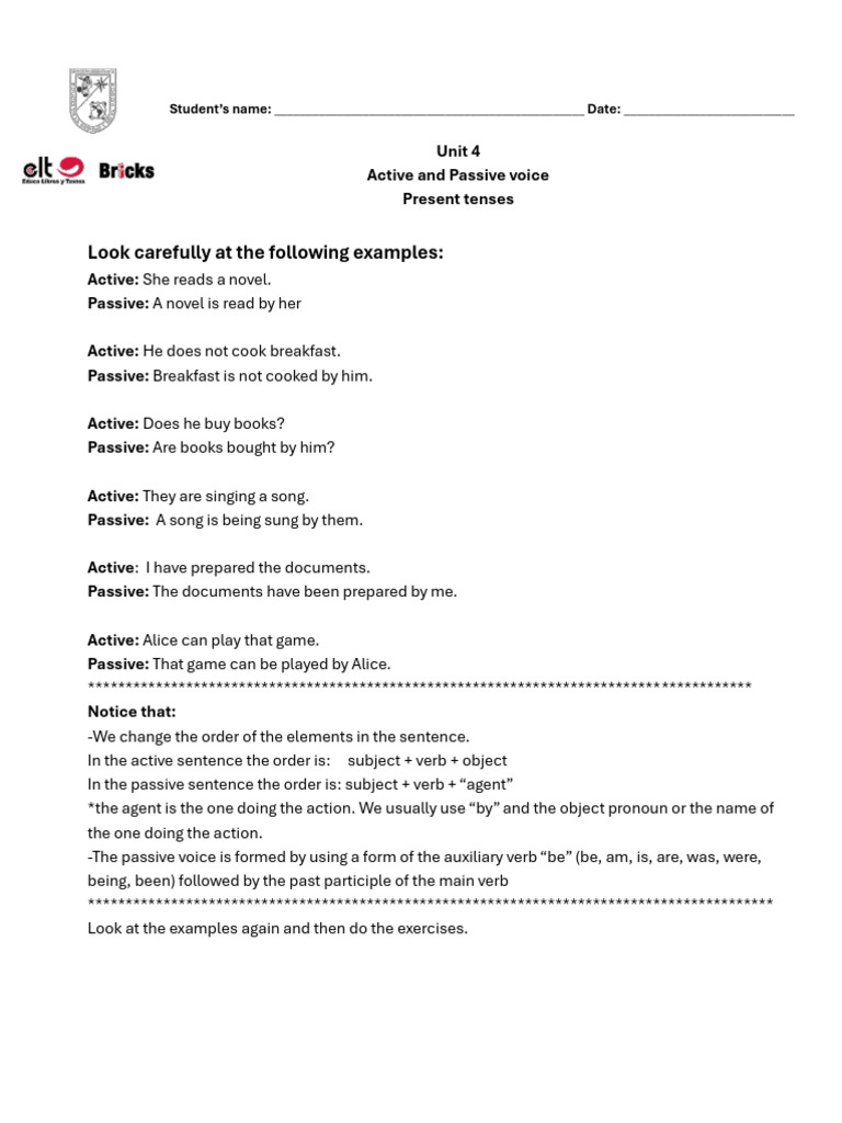 01 - Unit 4 - Active and Passive Voice - Worksheet 1 - Present Tense | PDF | Verb | Linguistics