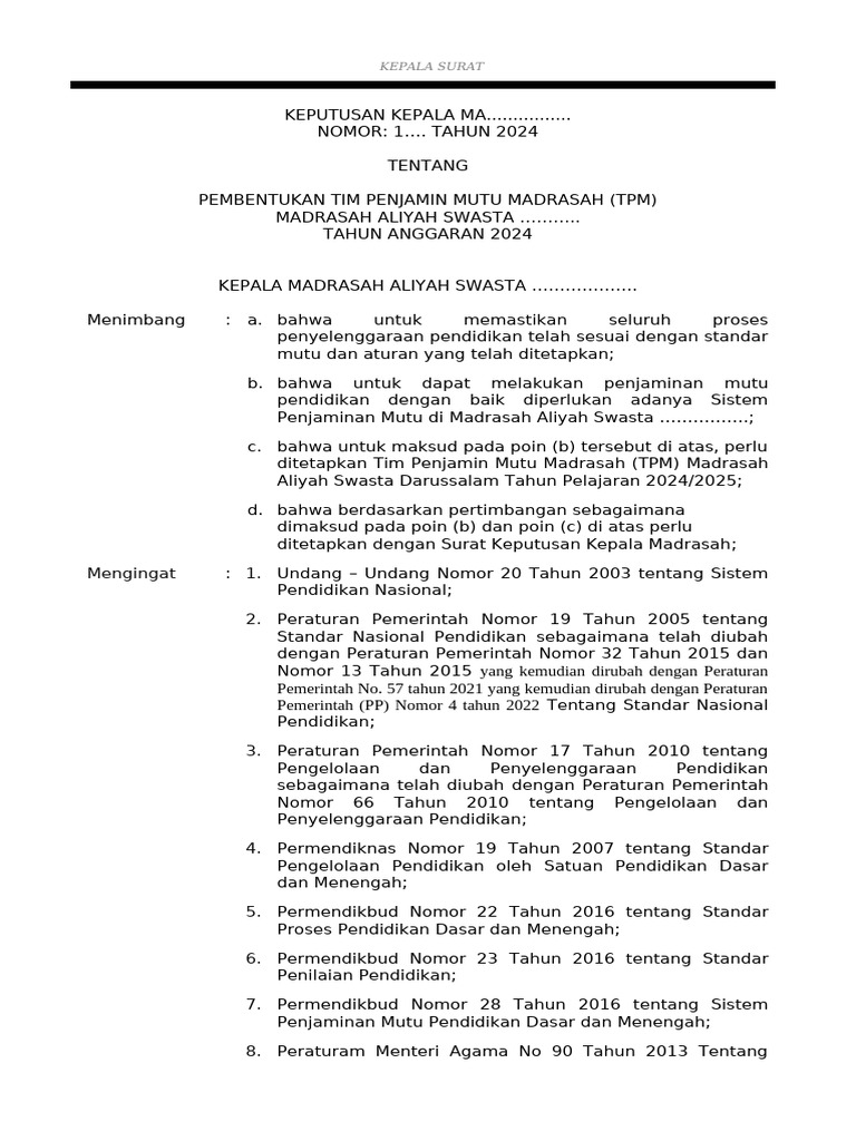 SK Tim Penjamin Mutu Madrasah (TPM) 2023 (2024) | PDF