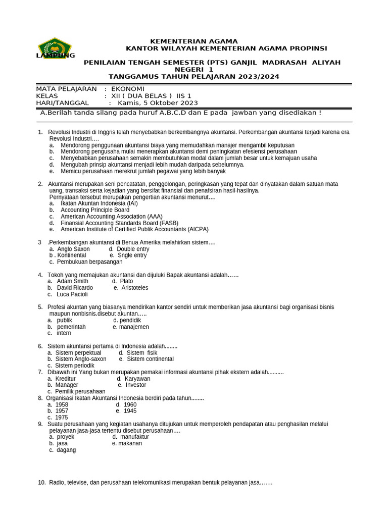 SOAL PTS Ganji Eko XII Mia 2020 | PDF