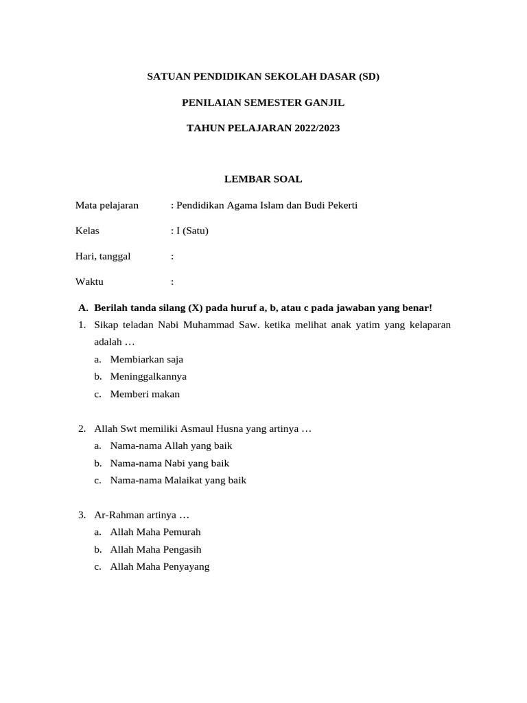 SOAL PAS KELAS 1 GANJIL | PDF