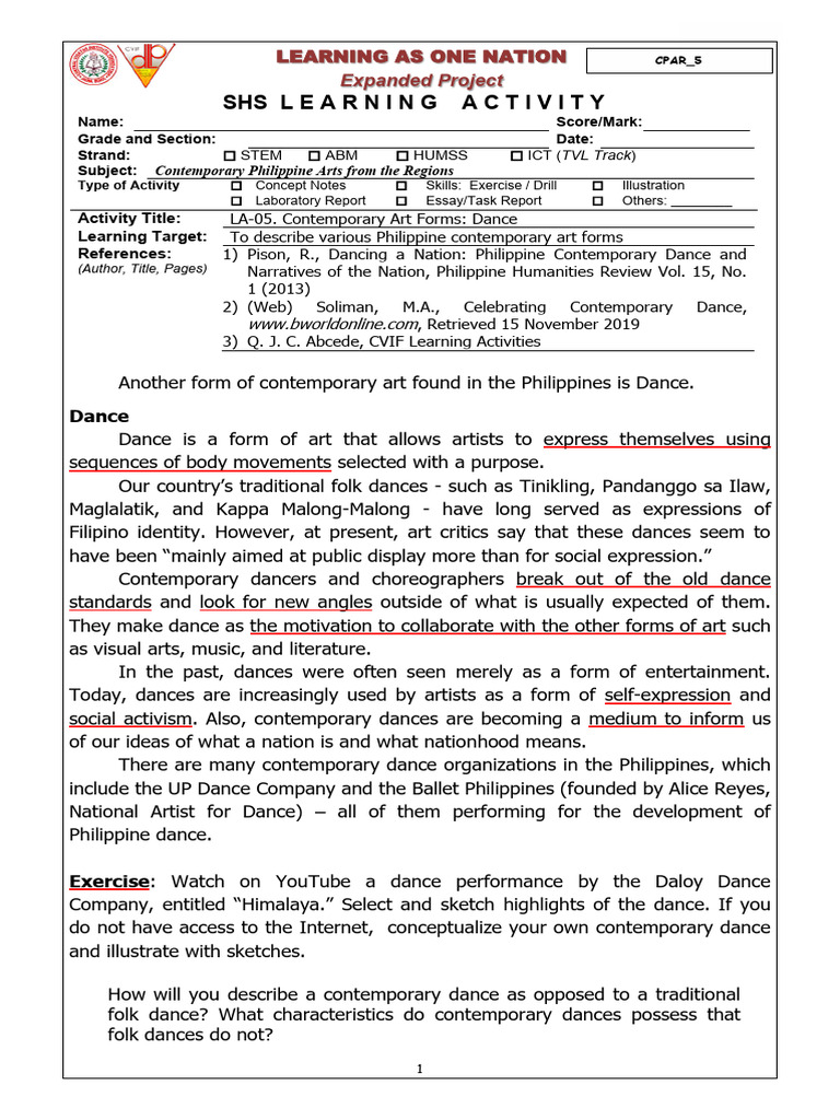 CPAR LAS 5 Contemporary Art Forms - Dance | PDF | Dances | Performing Arts