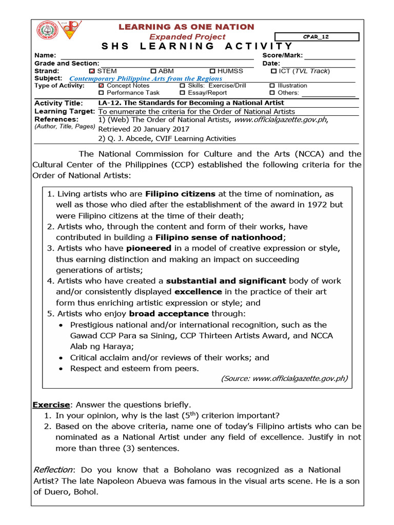 CPAR LAS 12 The Standards For Becoming A National Artist | PDF | Liberal Arts Education