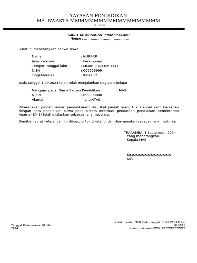 Format Mutasi Keluar Mas 2024 | PDF