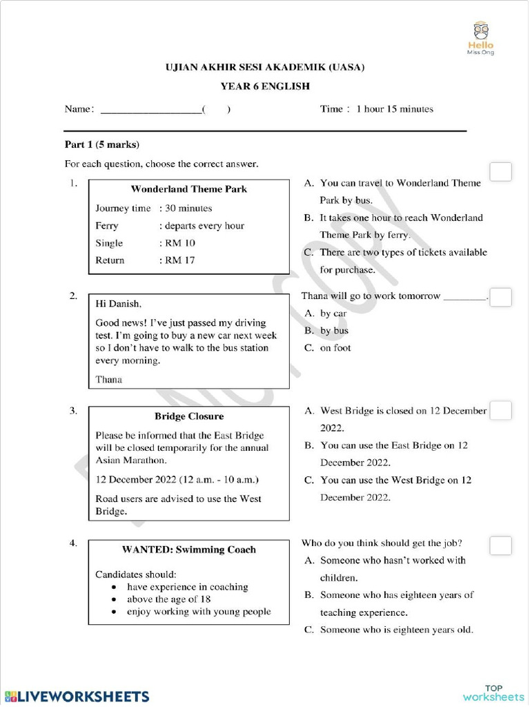 UASA English Practice 4 | PDF