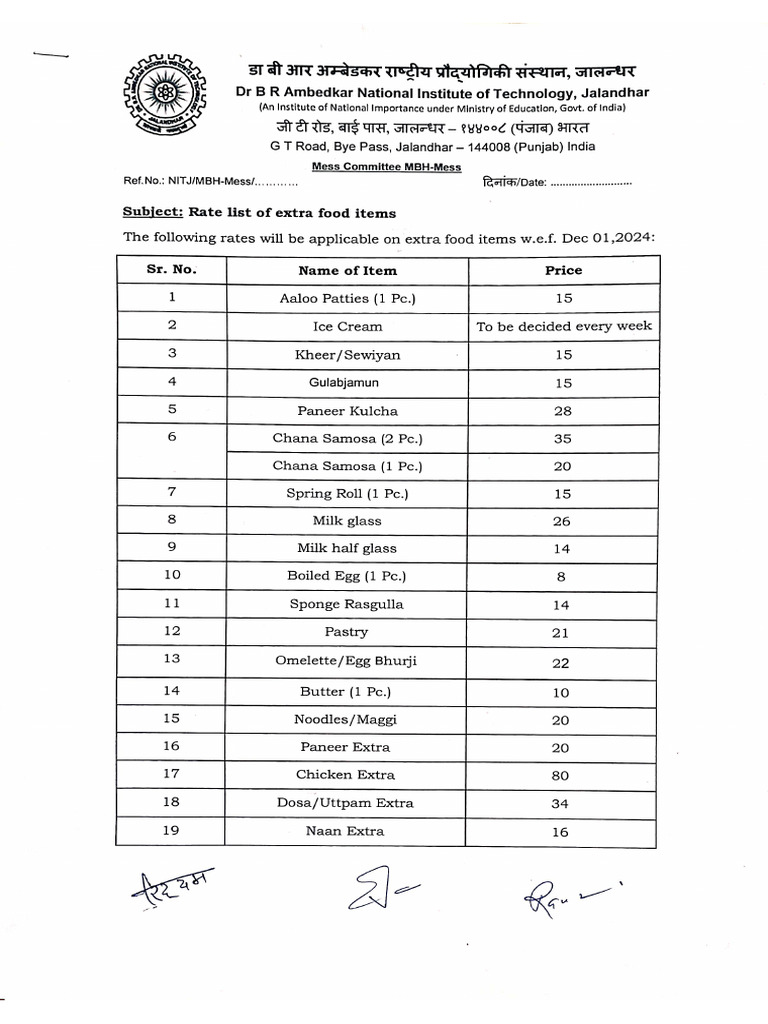 MBH Hostel Rate List NITJ | PDF