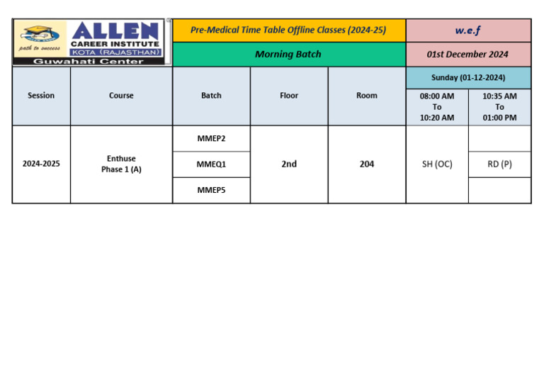 Pre - Medical-Time Table (01-12-2024) | PDF