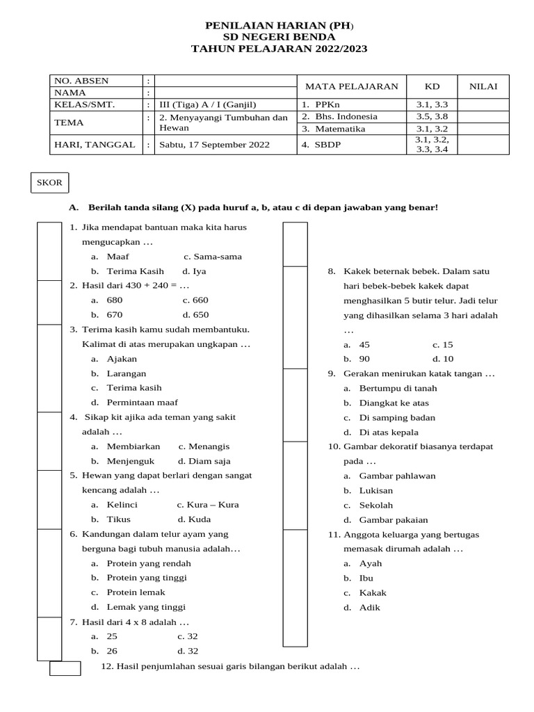 Soal Ph Tema 2 Kelas 3 Soal | PDF