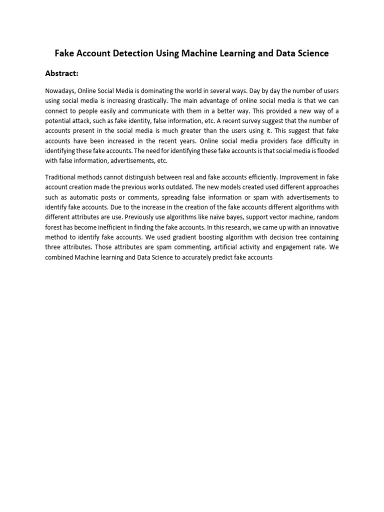 Fake Account Detection Using Machine Learning and Data Science | PDF ...