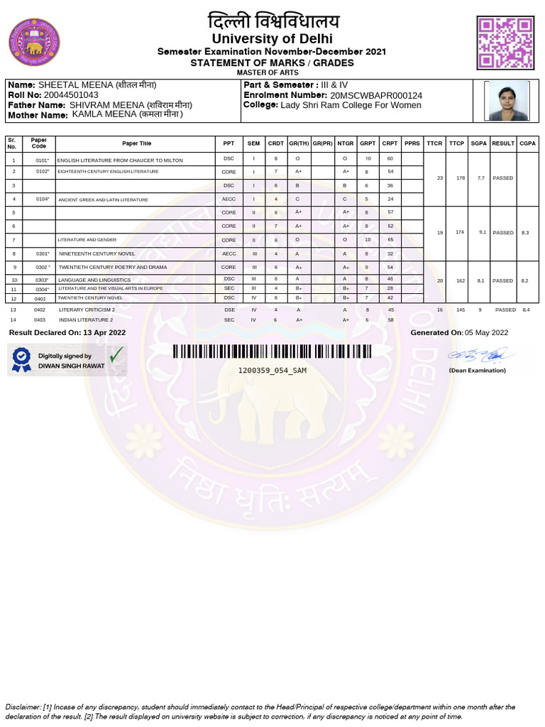 University of Delhi - Ma Marksheet | PDF