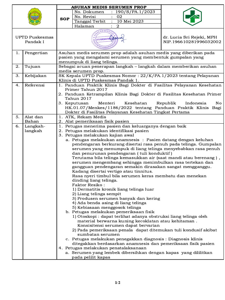 SOP Asuhan Medis Serumen Prop | PDF