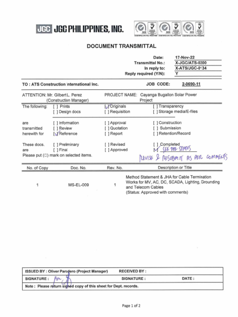 Method Statement & JHA for Cable Termination Works for MV, AC, DC ...