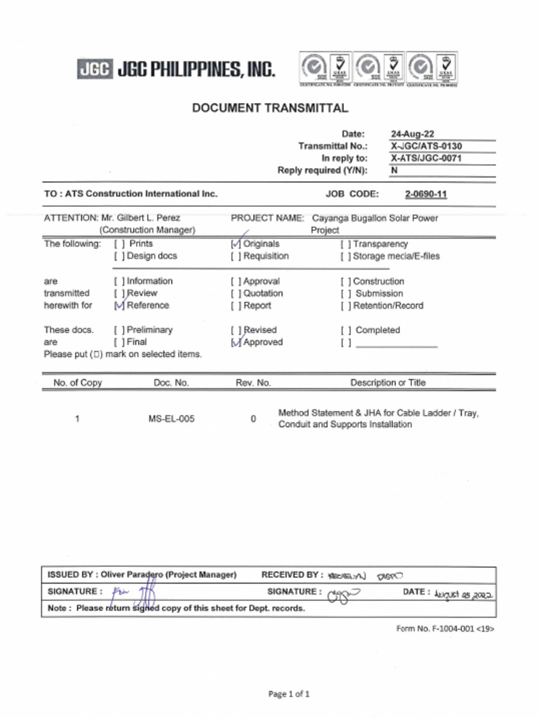 Method Statement & JHA For Cable Ladder Tray, Conduit and Supports ...