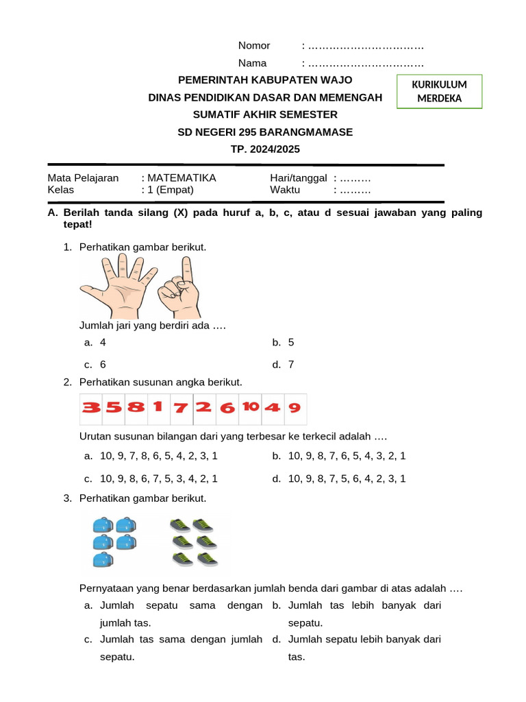 Soal Asas Ganjil Matematika Kelas 1 | PDF