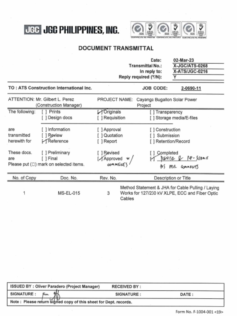 Method Statement & JHA For Cable Pulling Laying Works For 127230 KV XLPE, ECC and Fiber Optic ...