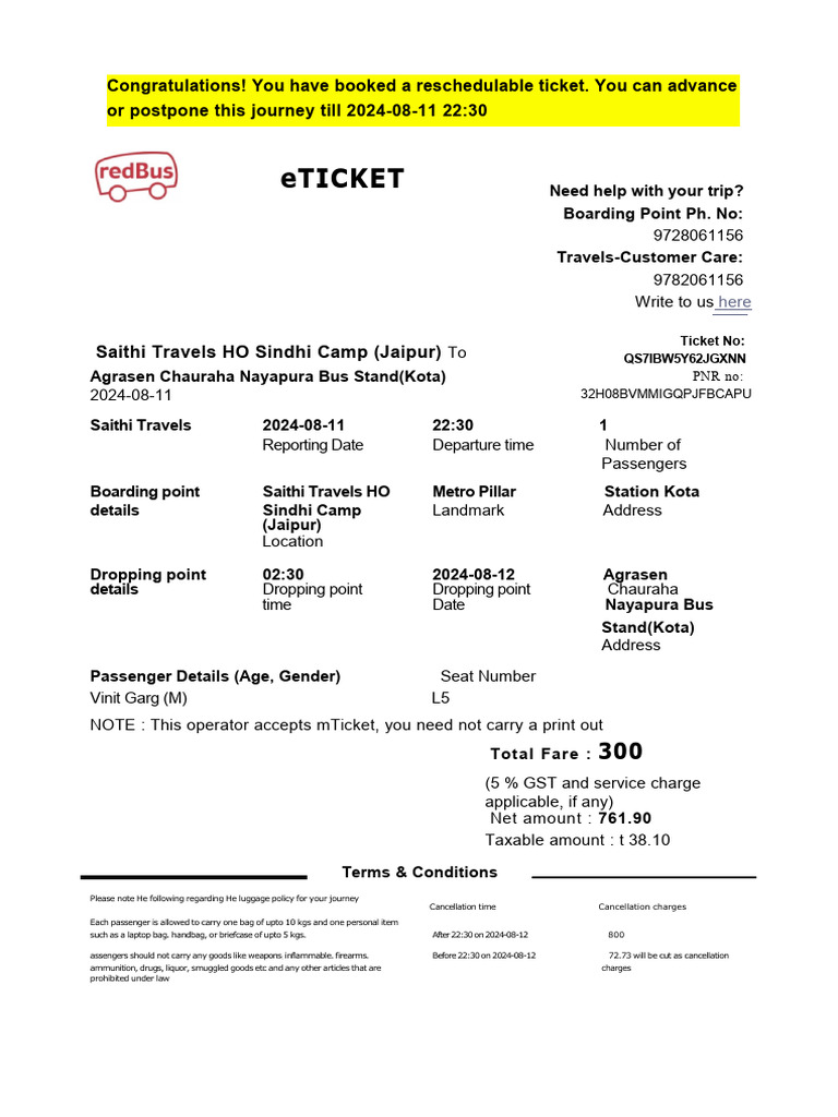 Saithi Travels Bus Ticket Confirmation | PDF | Public Transport | Transport