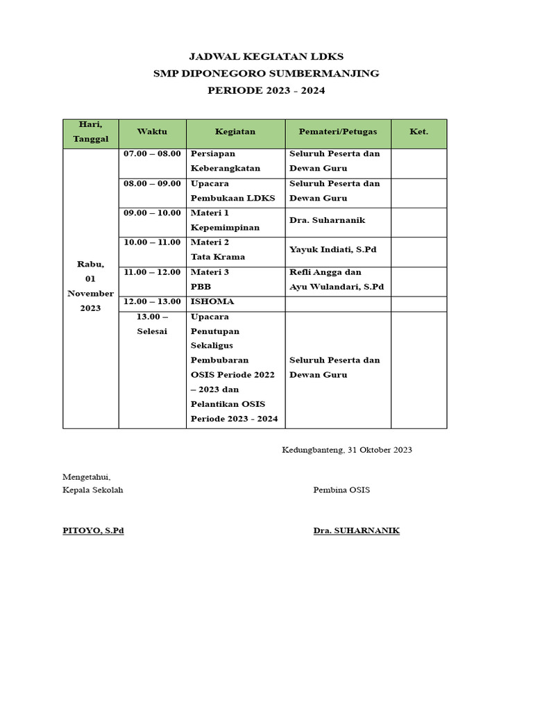 Jadwal Kegiatan LDKS | PDF