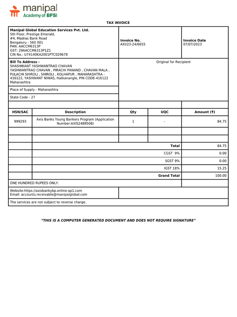 Tax Invoice for Axis Bank Program | PDF