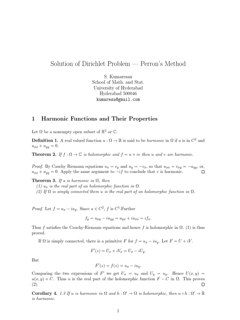 Harmonic Functions Dirichlet Problem Perron S Method | PDF | Holomorphic Function | Function ...