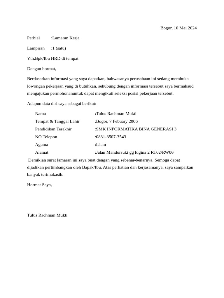 Surat Lamaran Kerja IND | PDF