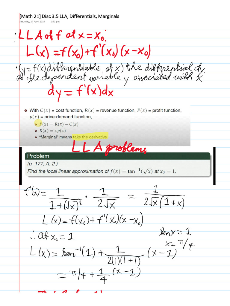 (Math 21) Disc 3.5 LLA, Differentials, Marginals | PDF