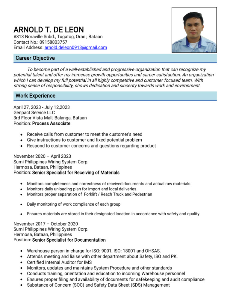 Arnold De Leon CV | PDF | Warehouse | Regulatory Compliance