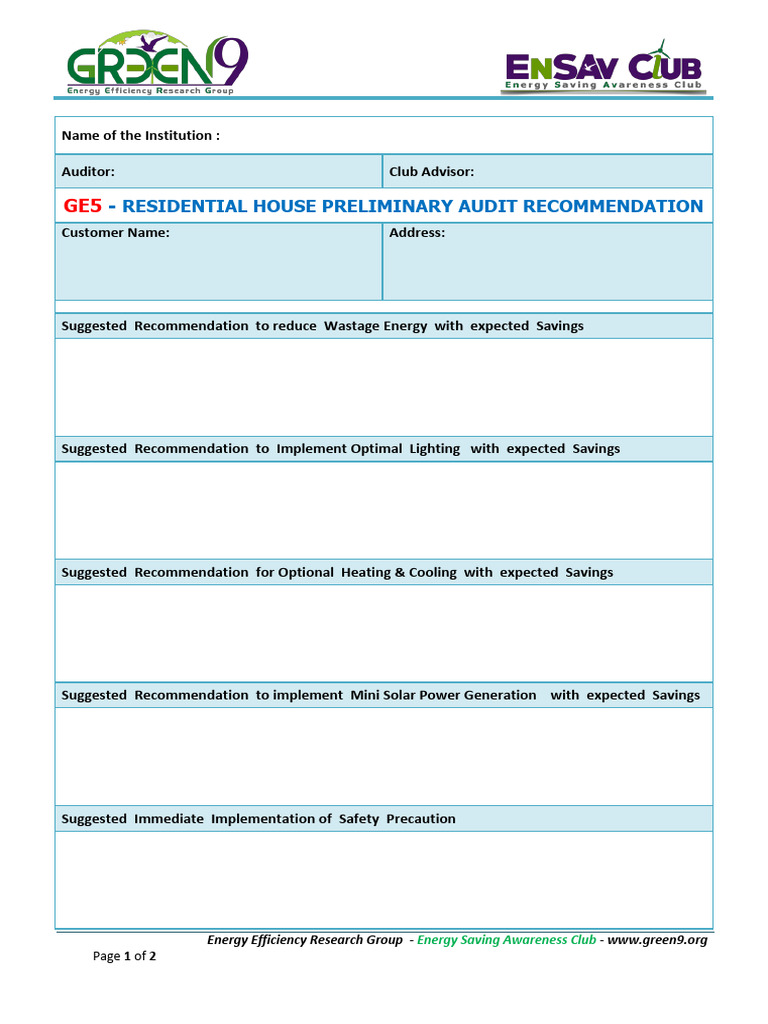 Residential House Preliminary Audit Recommendation: Energy Efficiency ...