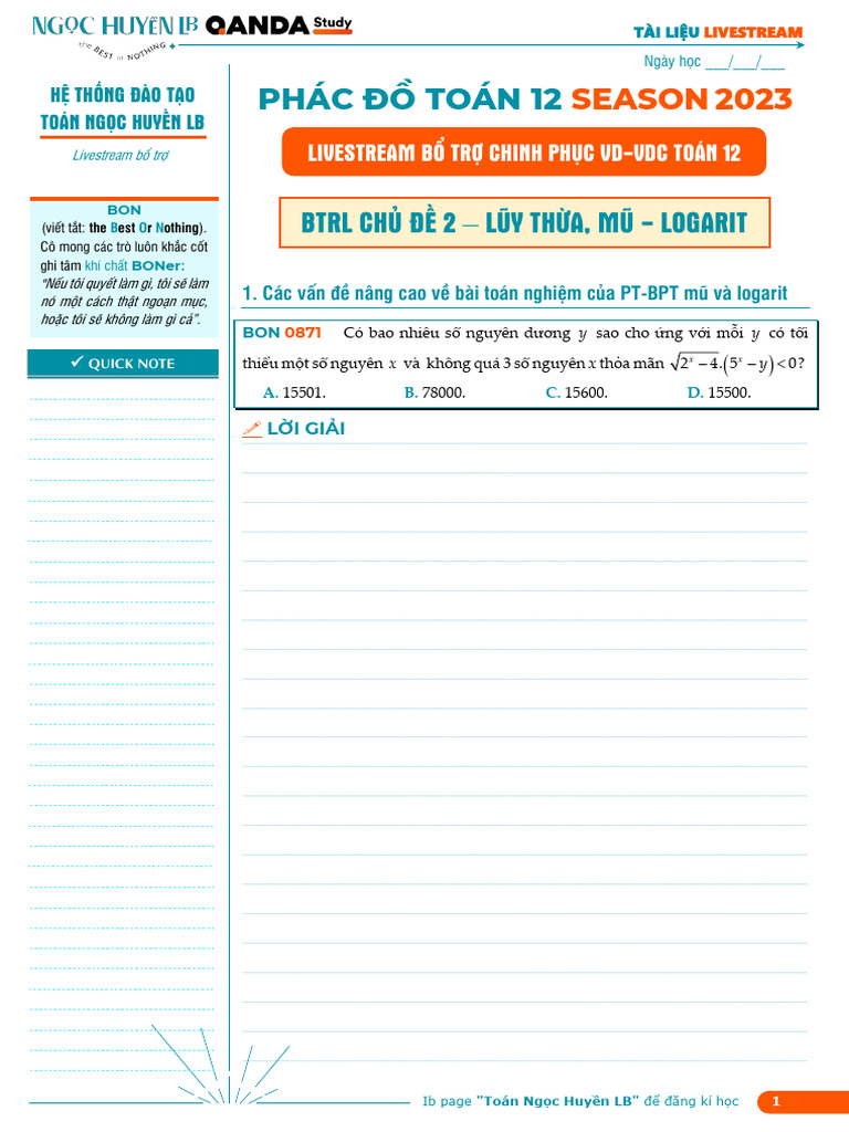 (Ngọc Huyền LB) BTRL CP VD-VDC - Chủ đề 2. Lũy thừa, mũ - logarit | PDF