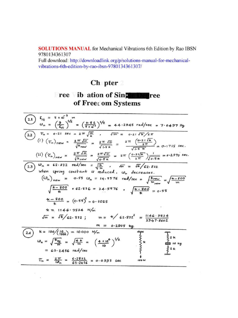 Solutions Manual For Mechanical Vibrati... by Rao Ibsn 9780134361307 ...