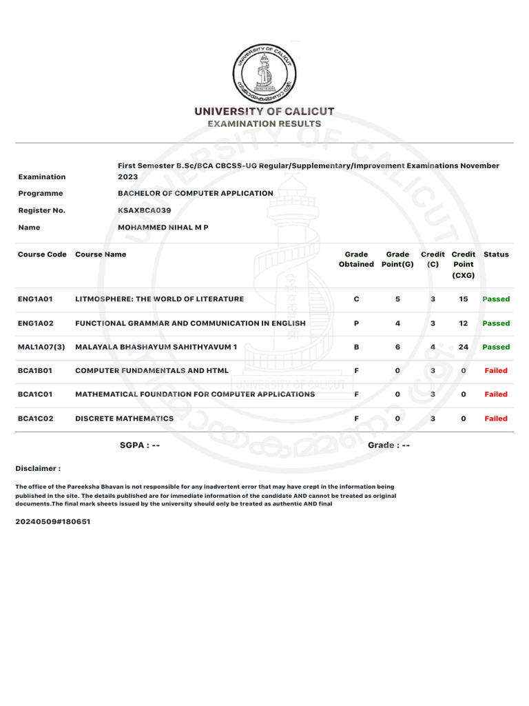 University of Calicut - Online Results | PDF