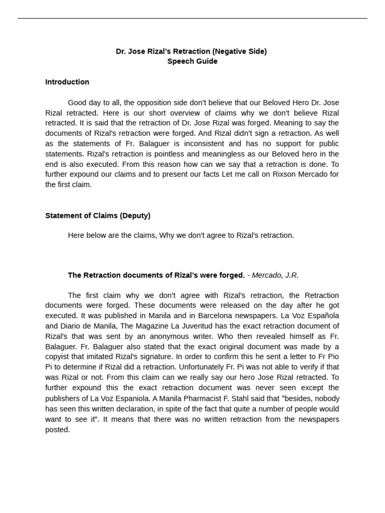 Rizals Retraction Sample Speech | PDF