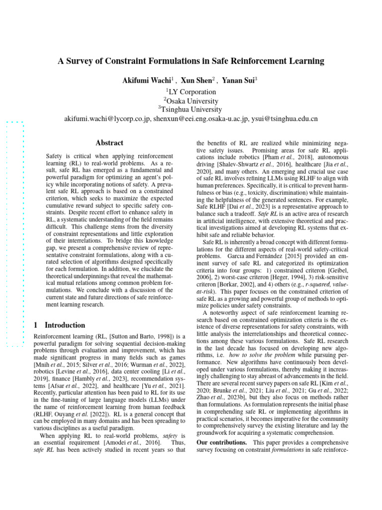 Wachi 等 - 2024 - A Survey of Constraint Formulations in Safe Reinforcement Learning | PDF ...