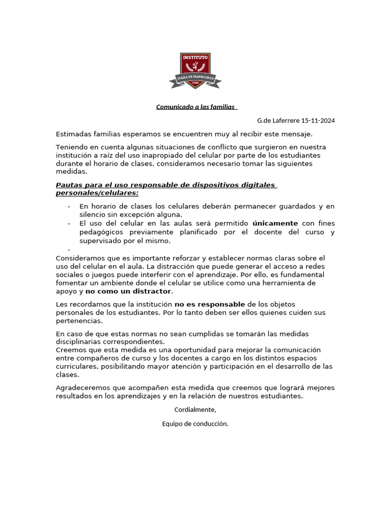 Comunicado - A - Las - Familias - Uso - de - Celular 3 | PDF