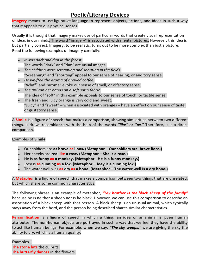 Poetic Devices for Class 7 Explained | PDF | Senses | Metaphor