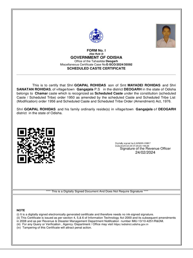 Schedule Caste Certificate. | PDF