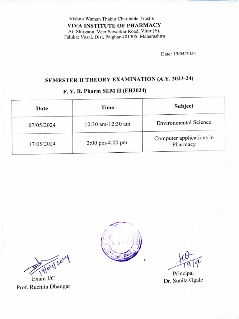 Sem II Theory Computer Application & EVS Time Table | PDF